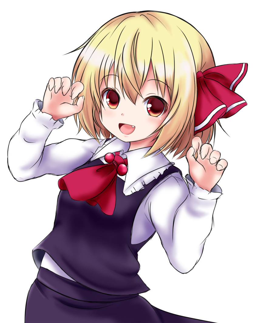 Safebooru - 1girl :d ascot black skirt black vest blonde hair commentary request fang hair ...