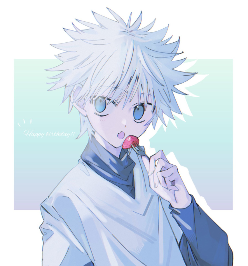 Safebooru - 1boy blue eyes food fork fruit highres holding holding fork hunter x hunter killua ...