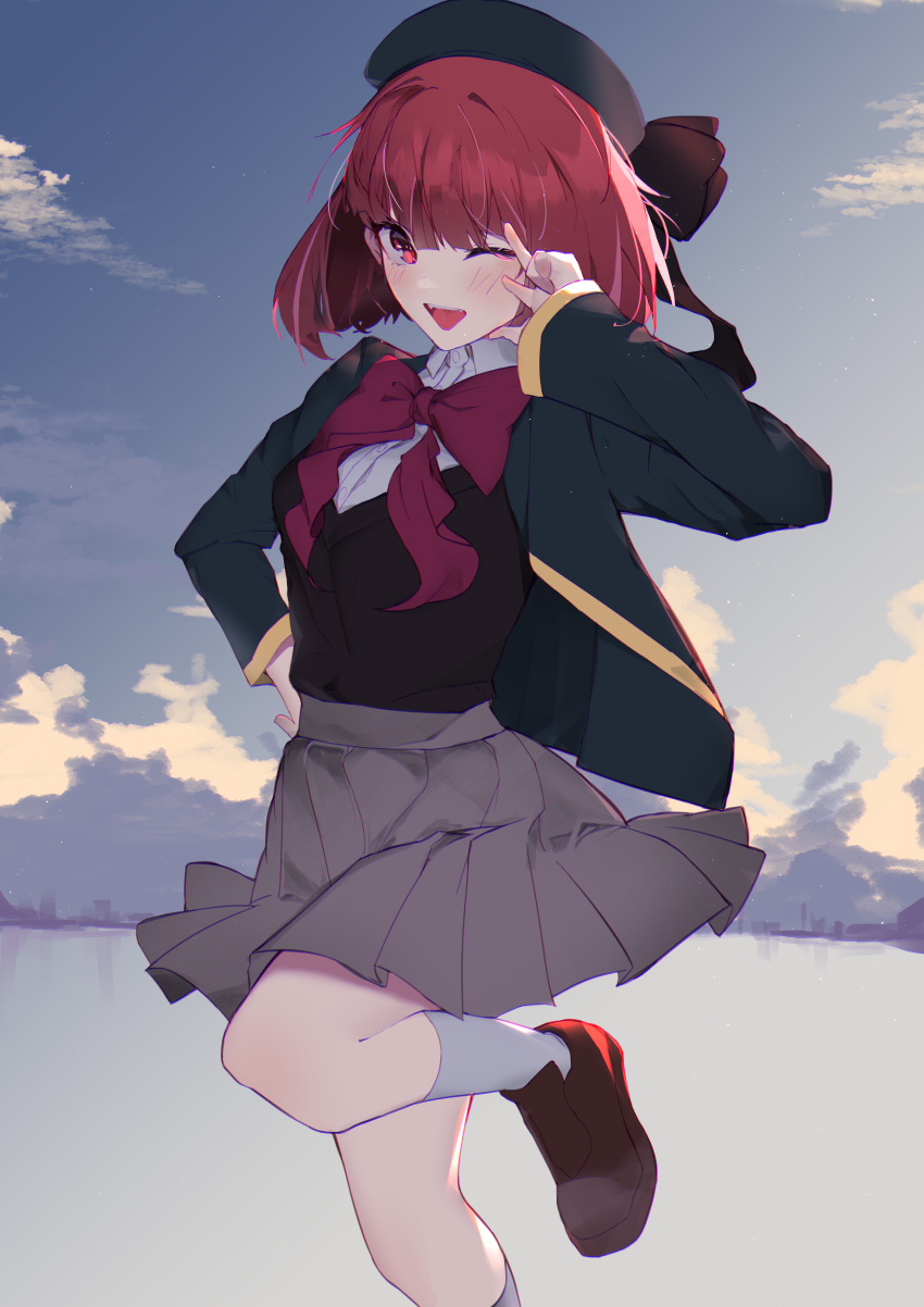 Safebooru - 1girl ;d absurdres arima kana beret black bow black vest blue headwear blue jacket ...