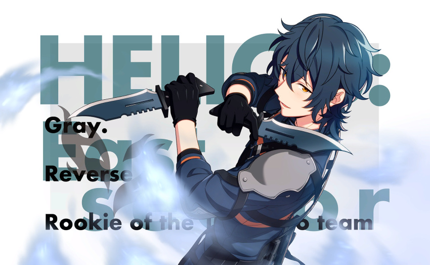 Safebooru - 1boy armor black gloves black hair character name gloves gray reverse hair between ...