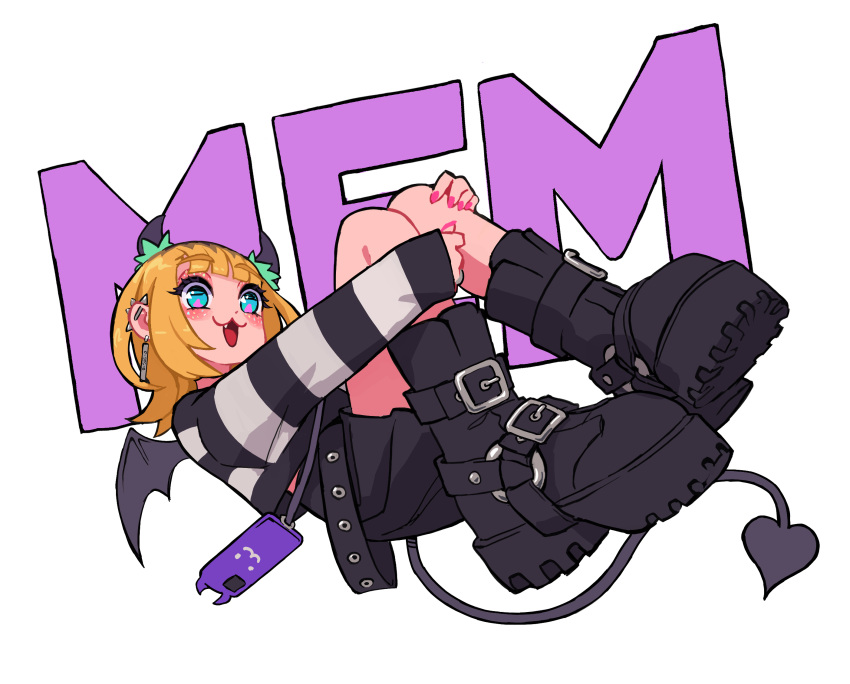 Safebooru - 1girl alternate costume belt black belt black horns black skirt blonde hair blue ...