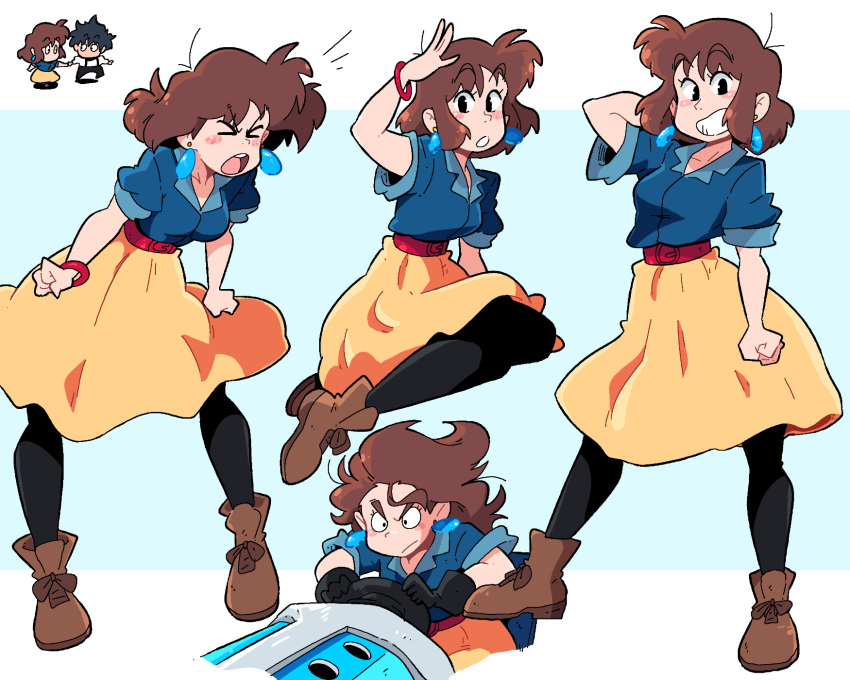 Safebooru - 1girl arm behind head black eyes black pantyhose blue shirt blush bracelet earrings ...