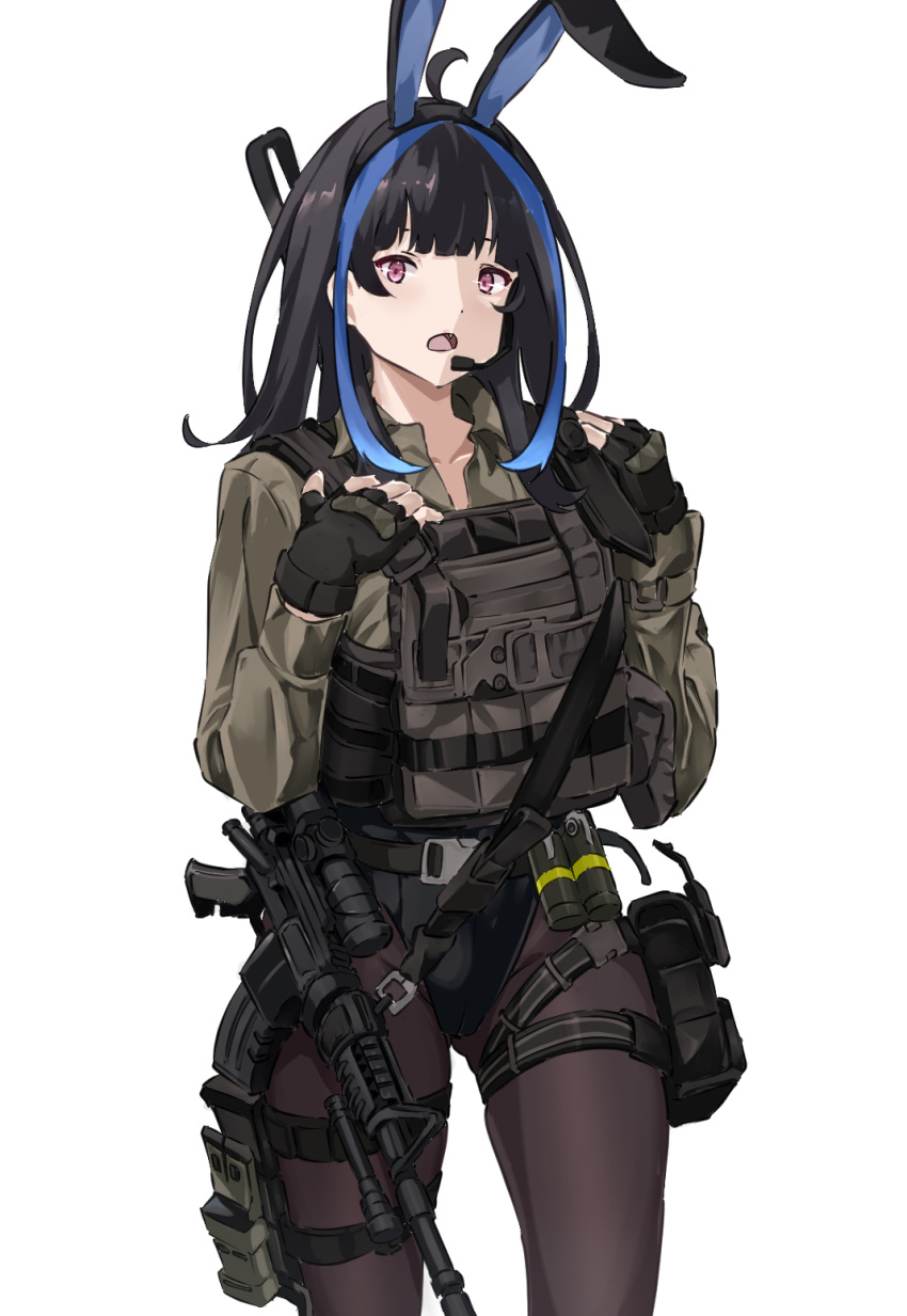Safebooru - 1girl animal ears assault rifle black corset black gloves black hair black pantyhose ...