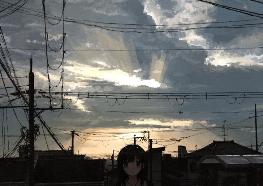 Safebooru - 1girl absurdres black eyes black hair blush closed mouth clouds cloudy sky dawn dot ...