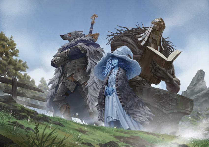 Safebooru - 1girl 2boys absurdres anvil blaidd the half-wolf blue dress ...