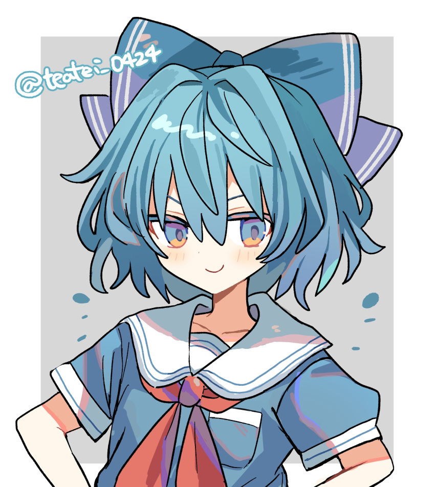 Safebooru - 1girl blue eyes blue hair blush border bow bowtie breast pocket cirno fangs forked ...
