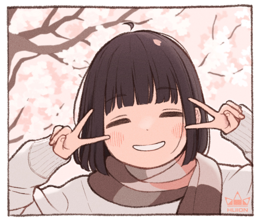 Safebooru - 1girl 1ssakawaguchi ahoge black hair blush bob cut cherry blossoms closed eyes ...