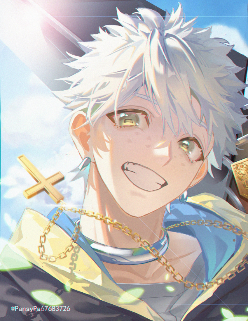 Safebooru - 1boy absurdres black hoodie blue choker chain necklace choker clouds cloudy sky ...