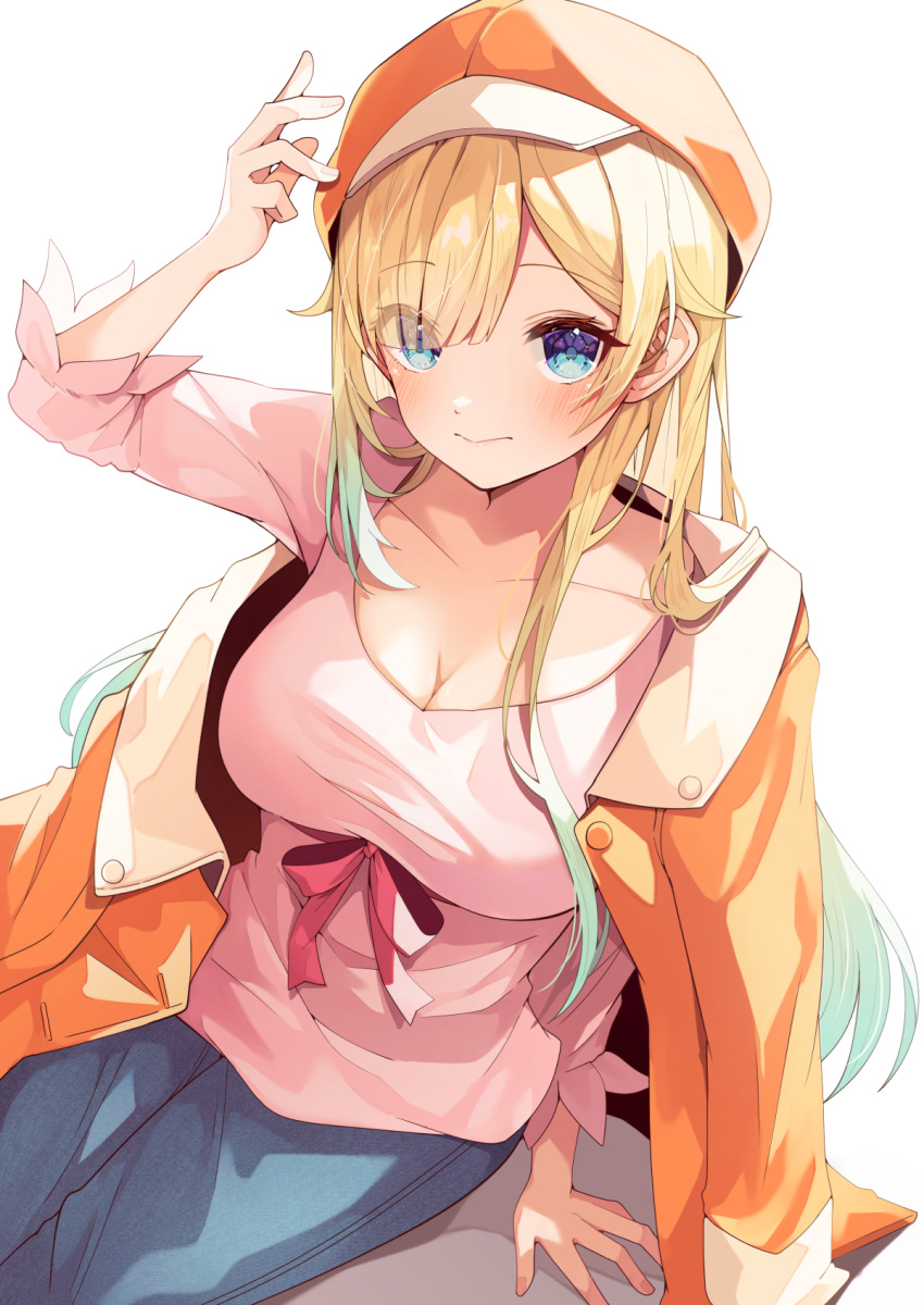 Safebooru - 1girl aizawa ema aqua hair beret blonde hair blue eyes blue pants blush gradient ...