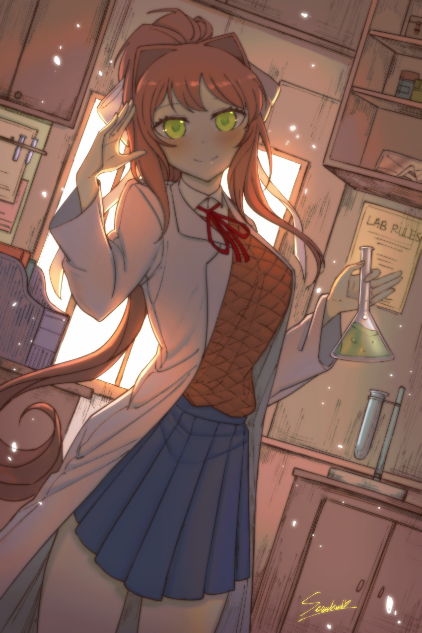 Safebooru - 1girl absurdres blue skirt bottle brown hair brown sweater vest doki doki literature ...