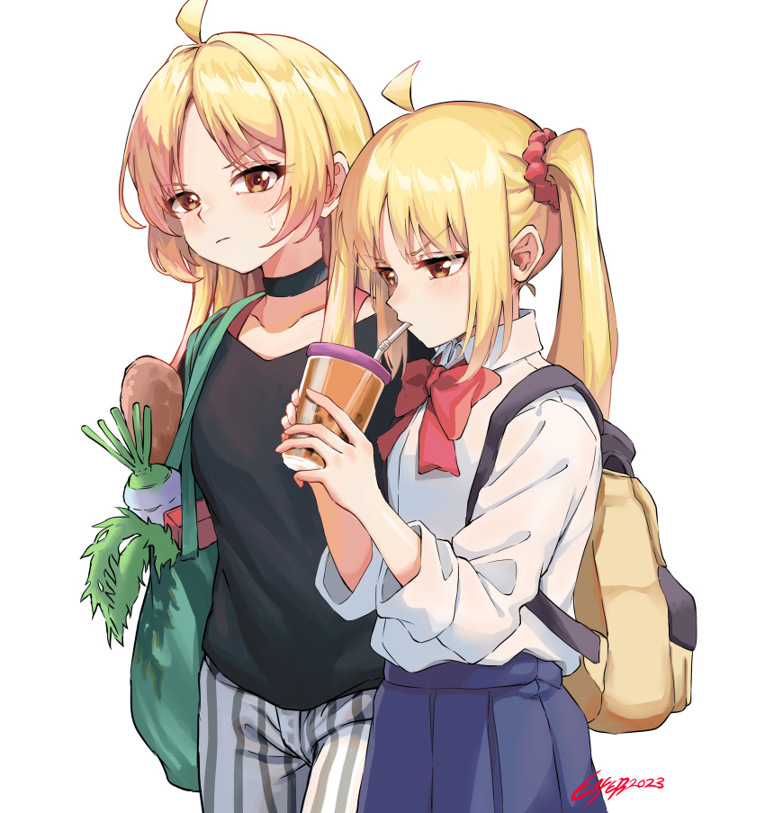 Safebooru - 2girls absurdres blonde hair drinking enferverge highres ijichi nijika ijichi seika ...