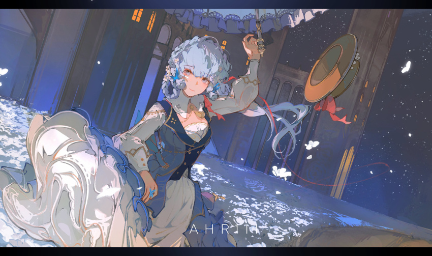 Safebooru - 1girl absurdres blue butterfly blue dress blue eyes blue hair blue umbrella blunt ...