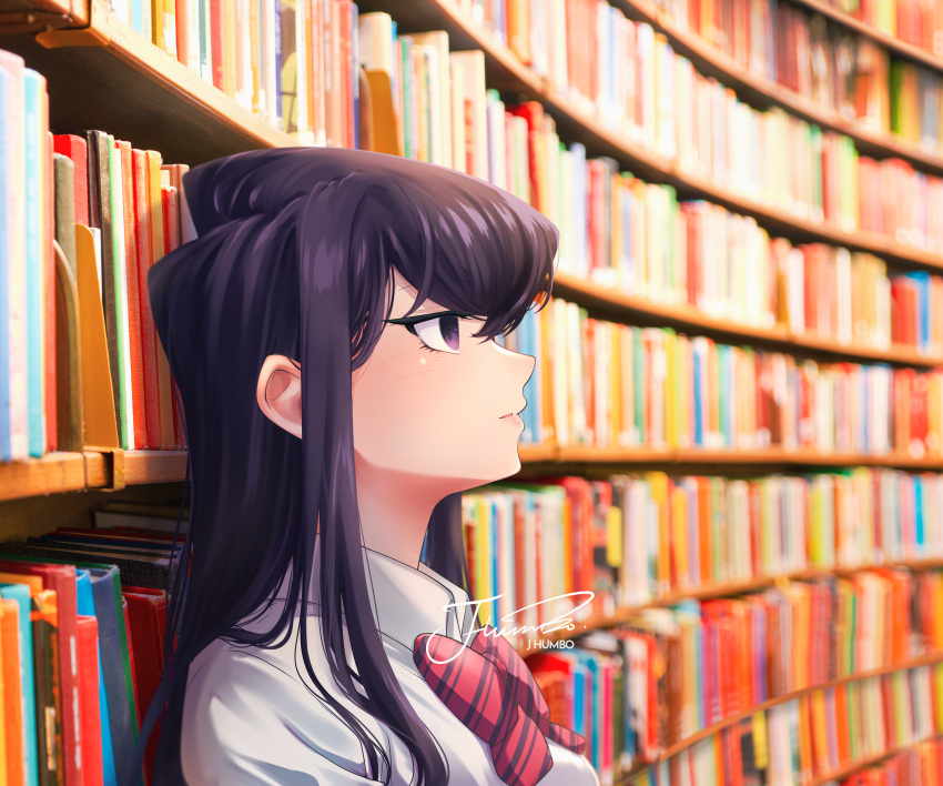 Safebooru - 1girl absurdres artist name black eyes black hair book bookshelf bow closed mouth ...