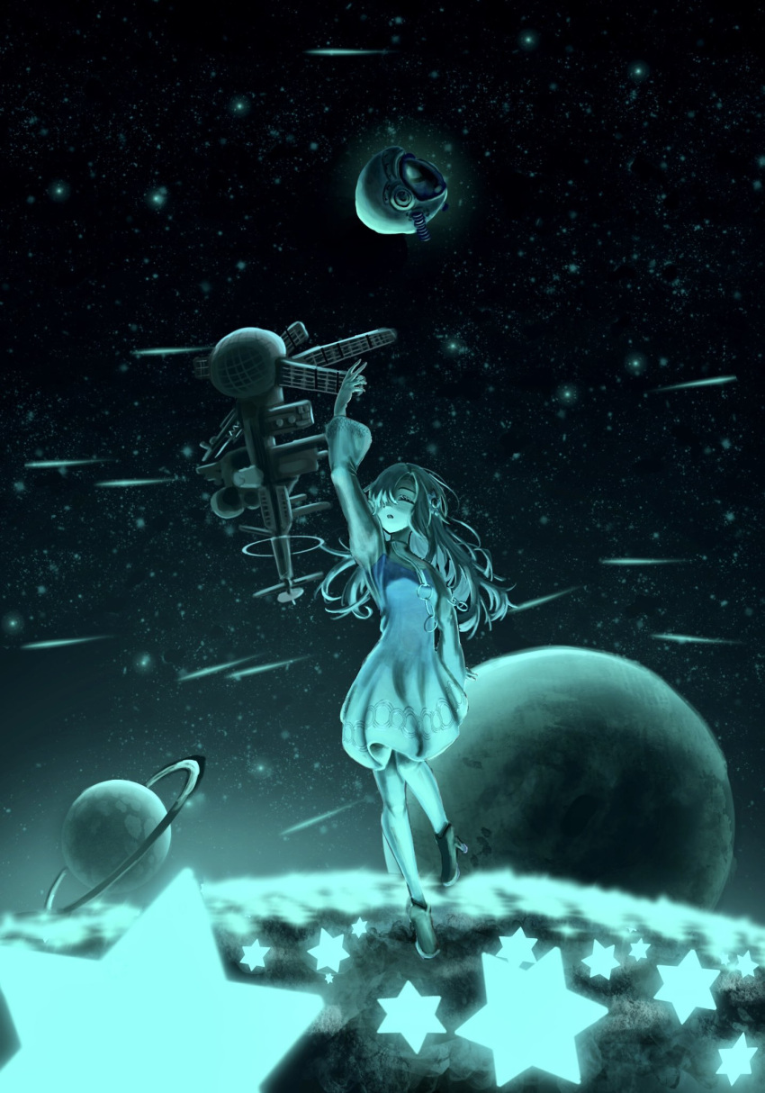Safebooru - 1girl aqua theme arm up boots closed eyes dress full body ...