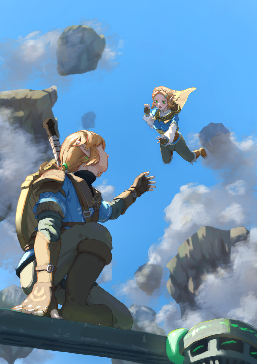 Safebooru - 1boy 1girl absurdres asuka-w blonde hair blue sky blue vest braid crown braid ...