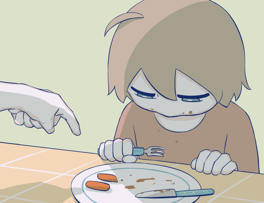 Safebooru - 1boy 1other absurdres ahoge avogado6 blue eyes brown shirt ...