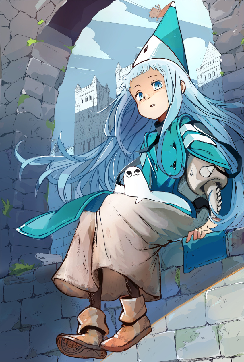 Safebooru - 1girl absurdres aqua headwear blue eyes blue hair blue sky blush brown footwear ...