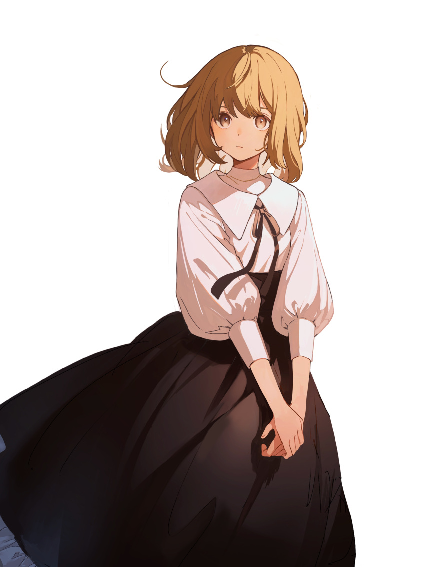 Safebooru - 1girl absurdres black ribbon black skirt blonde hair brown eyes brown hair closed ...