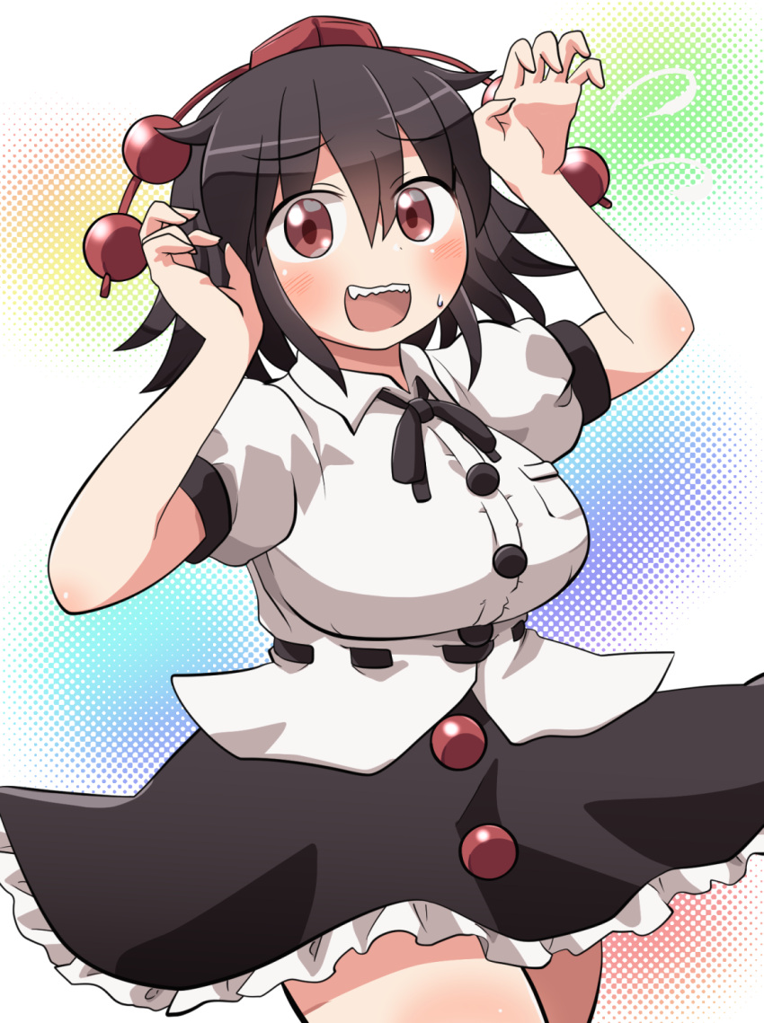 Safebooru - 1girl black hair black skirt blush breasts buttons collared shirt cowboy shot hair ...