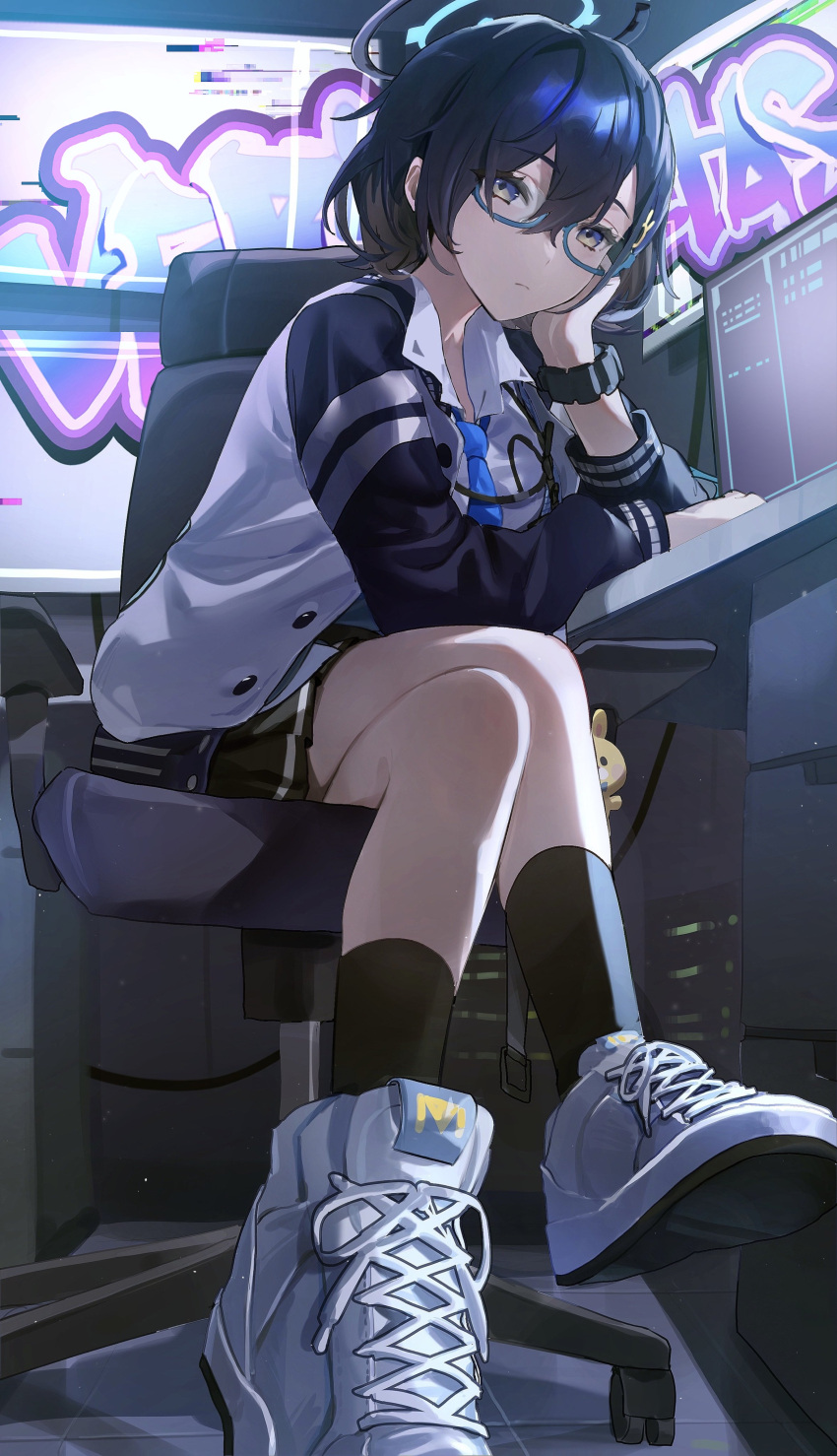 Safebooru - 1girl absurdres black hair blue archive blue eyes blue necktie cheek rest chihiro ...