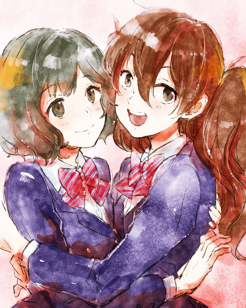 Safebooru - 2girls :d akine ritsuko ao no orchestra black hair blazer blue jacket bow brown eyes ...