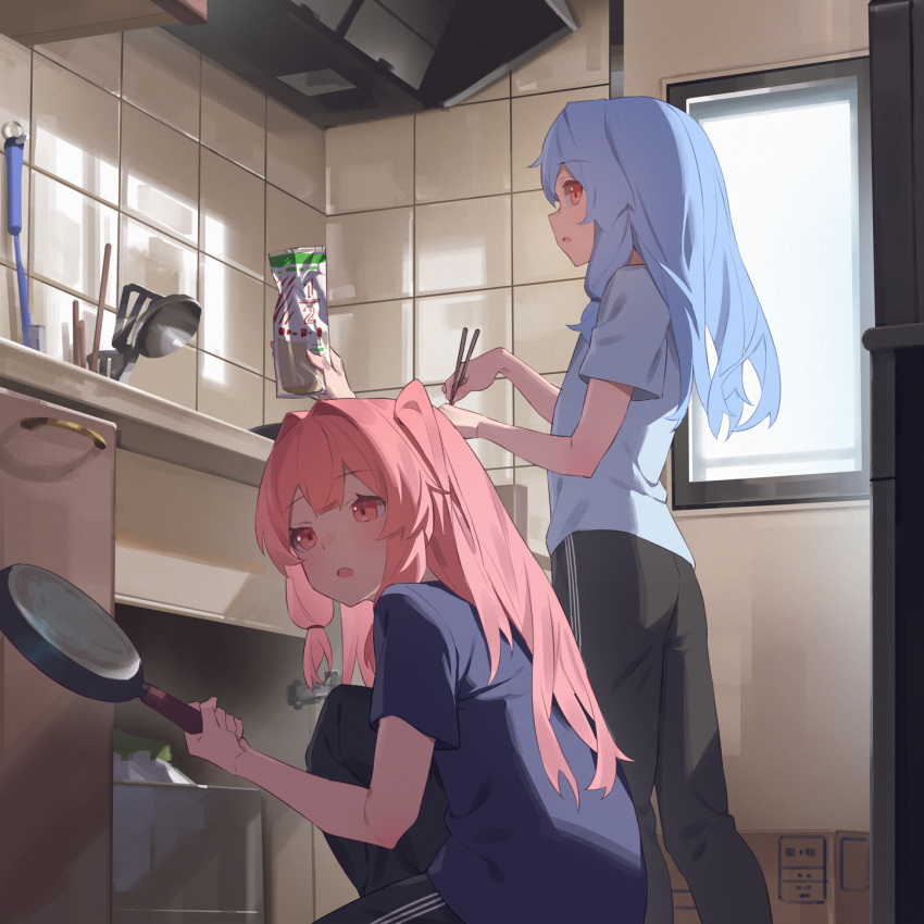 Safebooru - 2girls black pants black shirt blue hair blue shirt ...