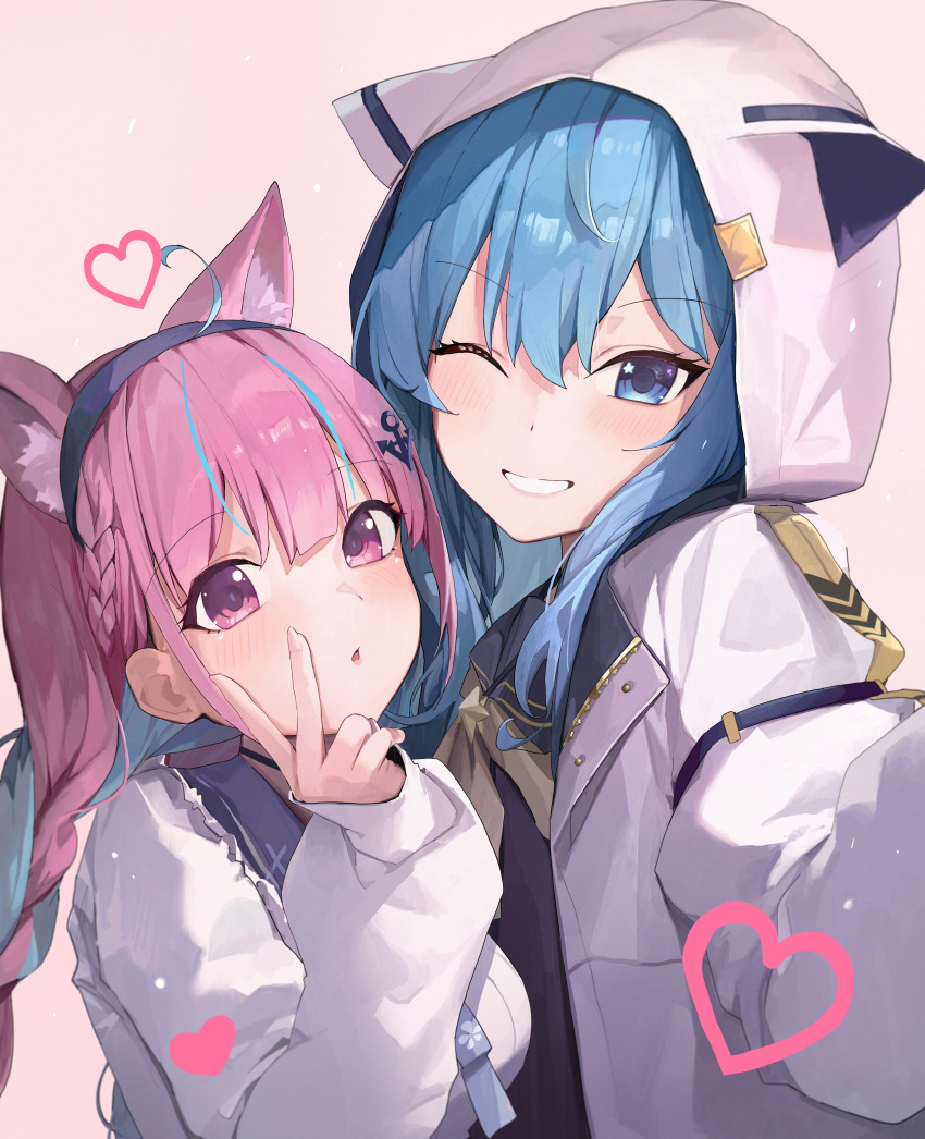 Safebooru - 2girls absurdres ahoge animal ear fluff animal ears animal hood blue hair blush ...