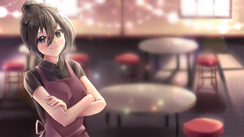 Safebooru - 1girl absurdres apron black eyes black hair black shirt blurry breasts cafe ...