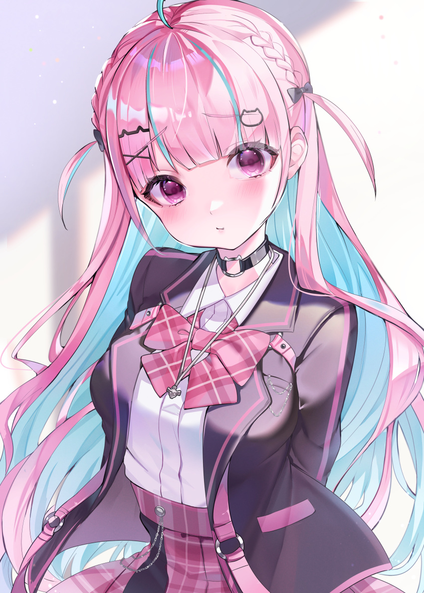 Safebooru - 1girl absurdres ahoge arms behind back black bow black choker black jacket blue hair ...