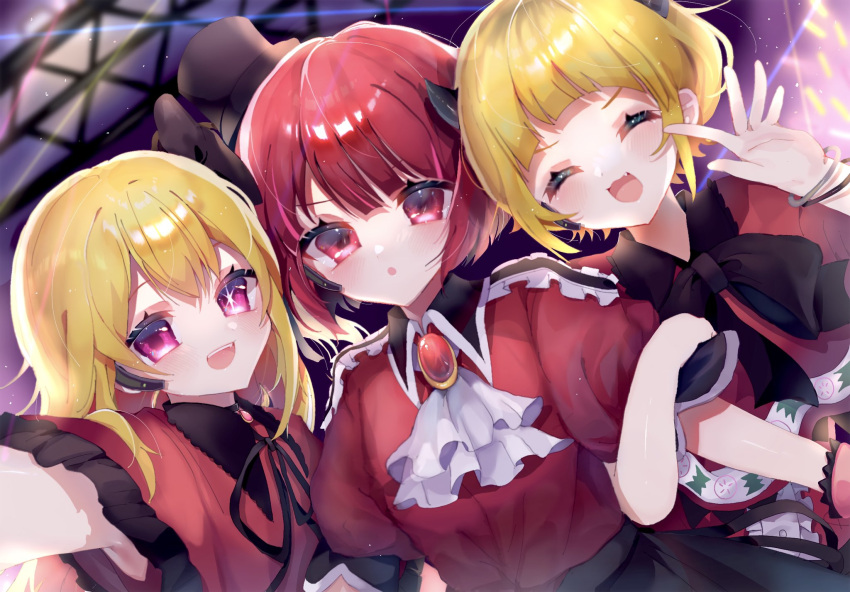 Safebooru - 3girls arima kana blonde hair blush bob cut closed eyes dress happy hat highres ...