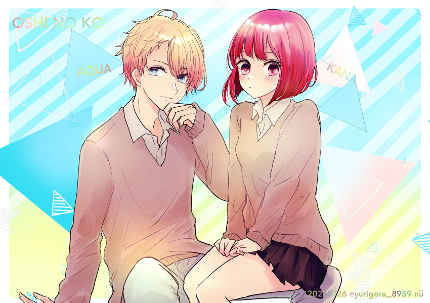 Safebooru - 1boy 1girl arima kana black skirt blonde hair blue eyes blush bob cut closed mouth ...