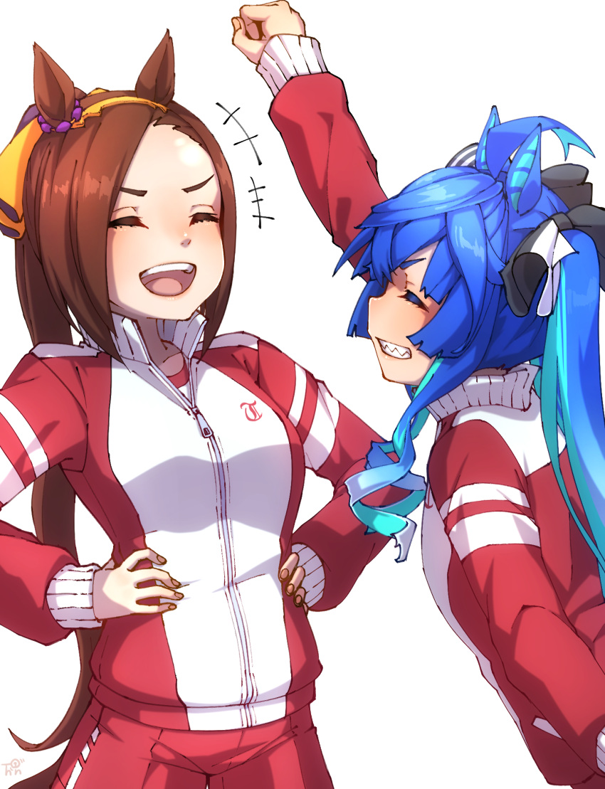 Safebooru - +++ 2girls :d ahoge animal ears aqua hair arm up blue hair brown hair clenched hand ...