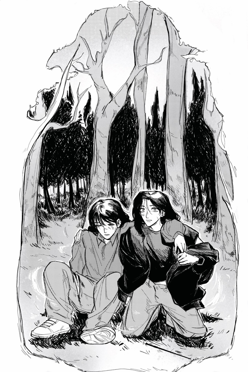 Safebooru - 2girls animification bare tree closed eyes forest grass ...
