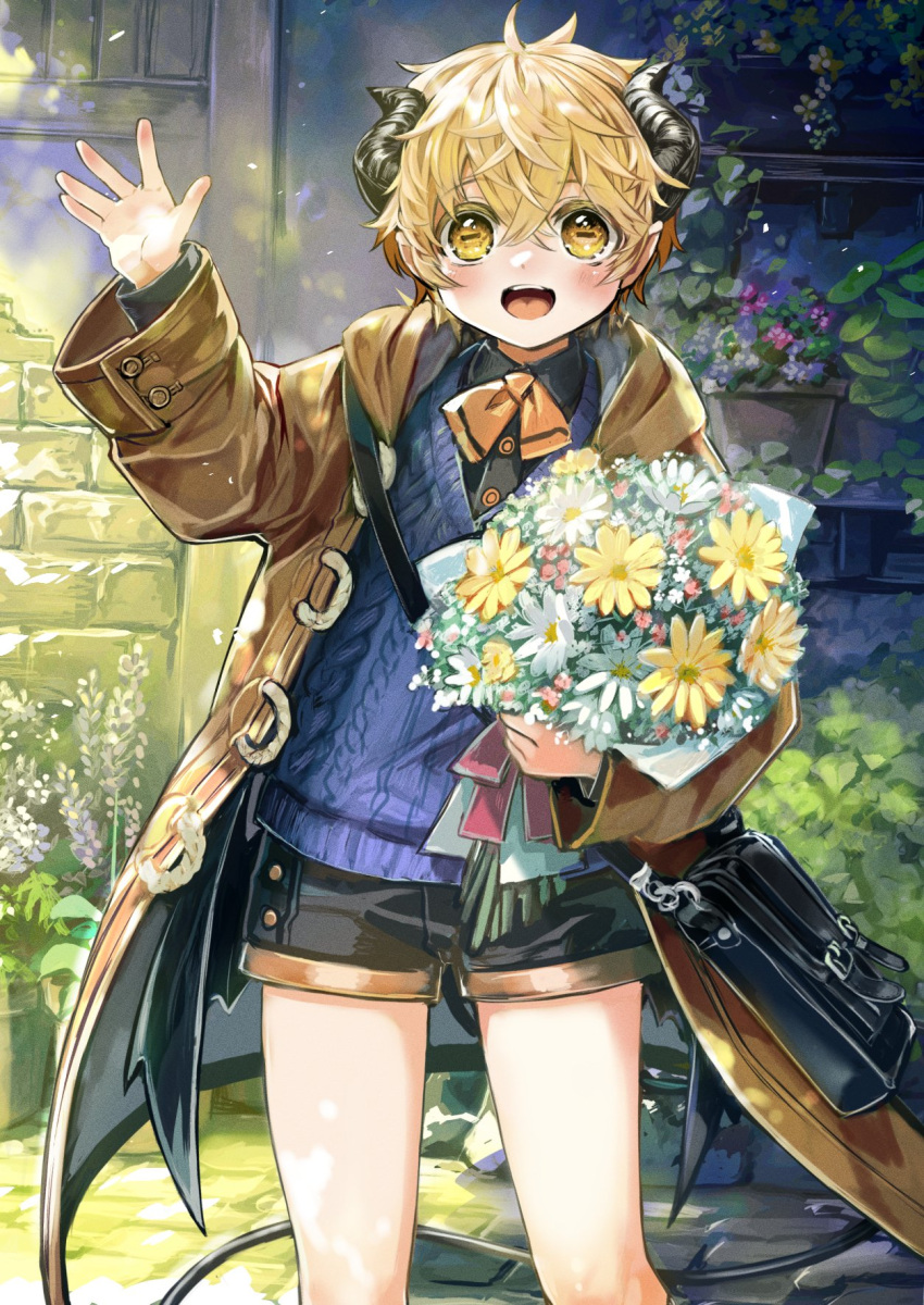 Safebooru - 1boy arm up bag blonde hair blush bouquet coat demon boy ...