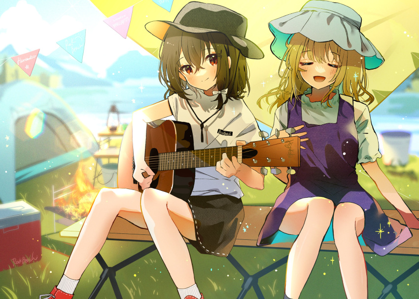 Safebooru - 2girls absurdres acoustic guitar bench black skirt blonde hair brown eyes brown hair ...