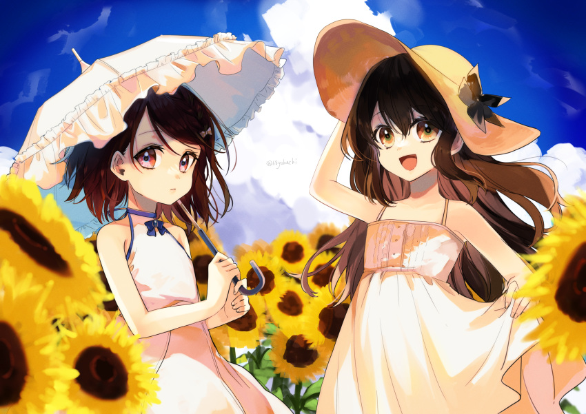 Safebooru - 2girls blue bow blue sky bow brown eyes brown hair closed mouth dress dress bow ...