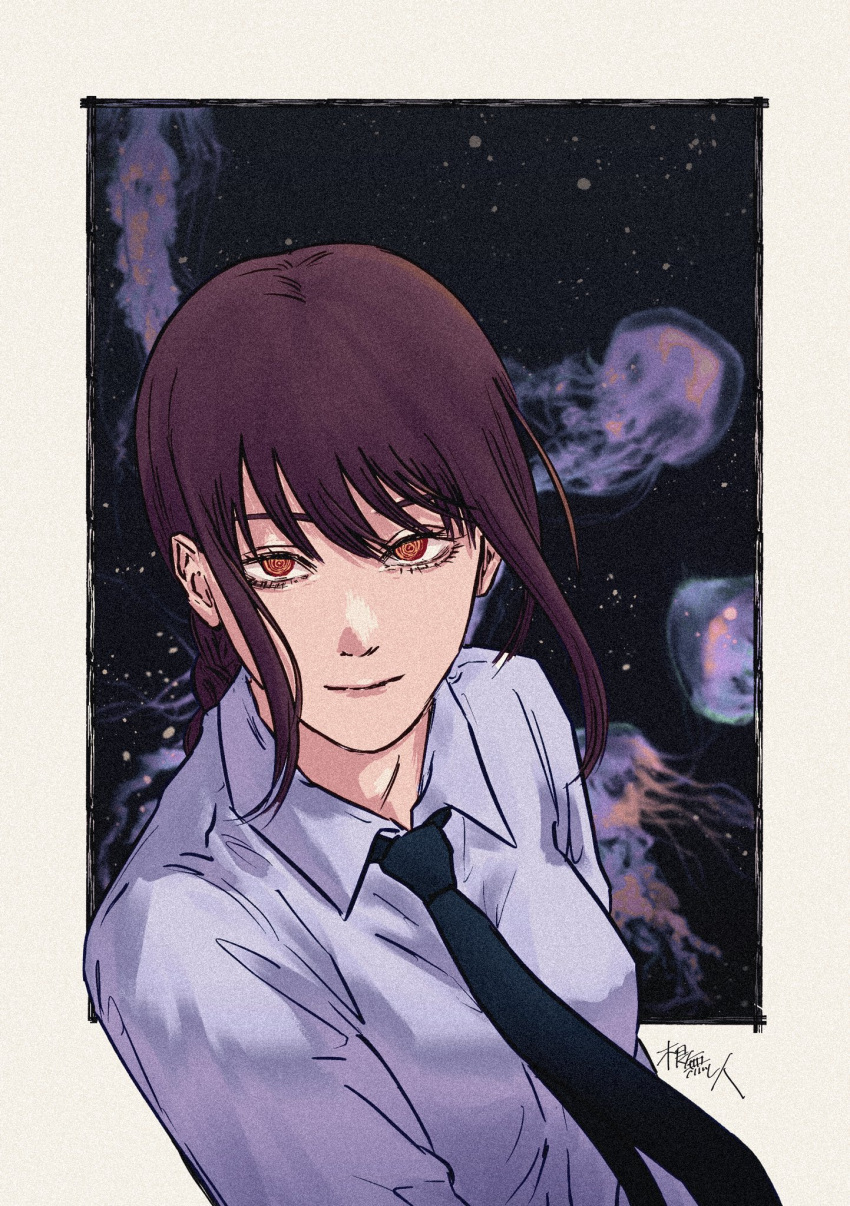 Safebooru - 1girl black necktie border braid braided ponytail brown hair chainsaw man collared ...