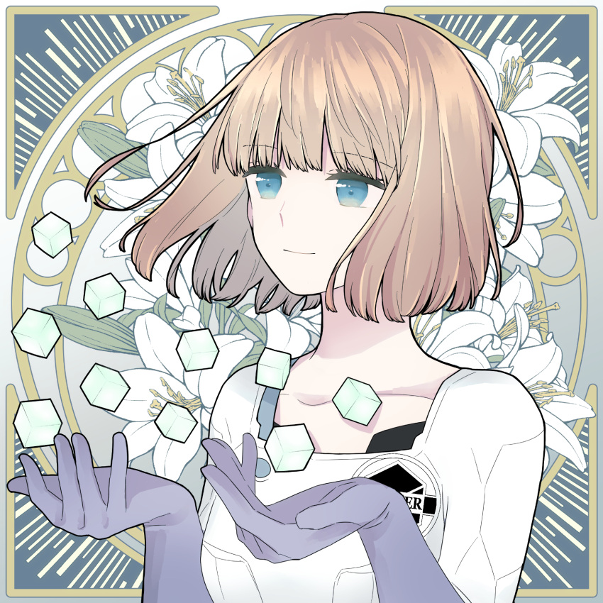 Safebooru - 1girl blue eyes blunt bangs bob cut border breasts brown ...