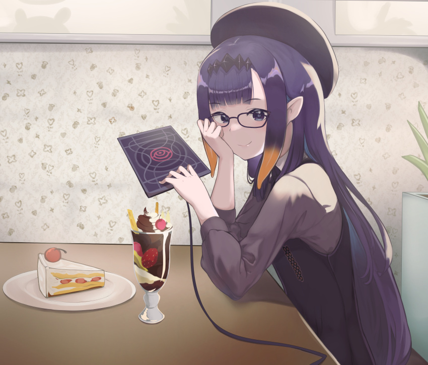 Safebooru - 1girl absurdres beret black-framed eyewear black dress black headwear blunt bangs ...