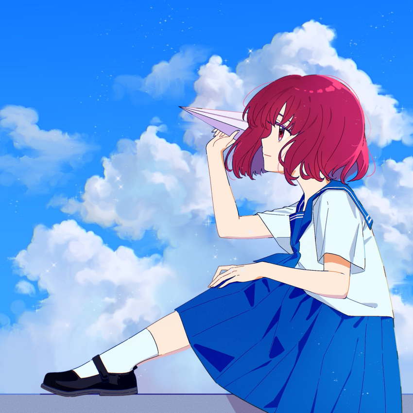 Safebooru - 1girl arima kana black footwear blue sailor collar blue sky bob cut clouds cloudy ...