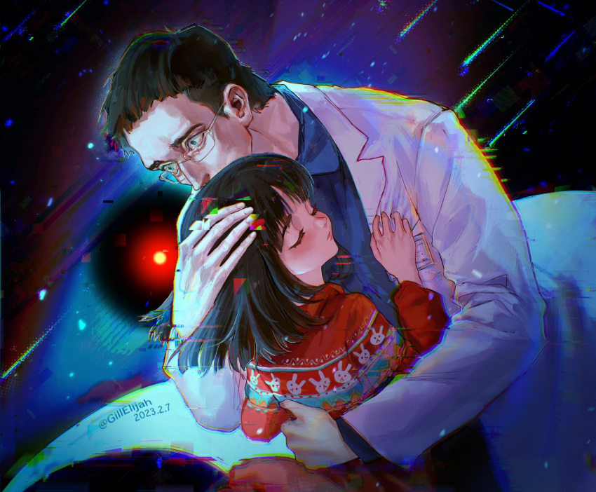 Safebooru - 1boy 1girl animal print artist name black hair blue eyes ...