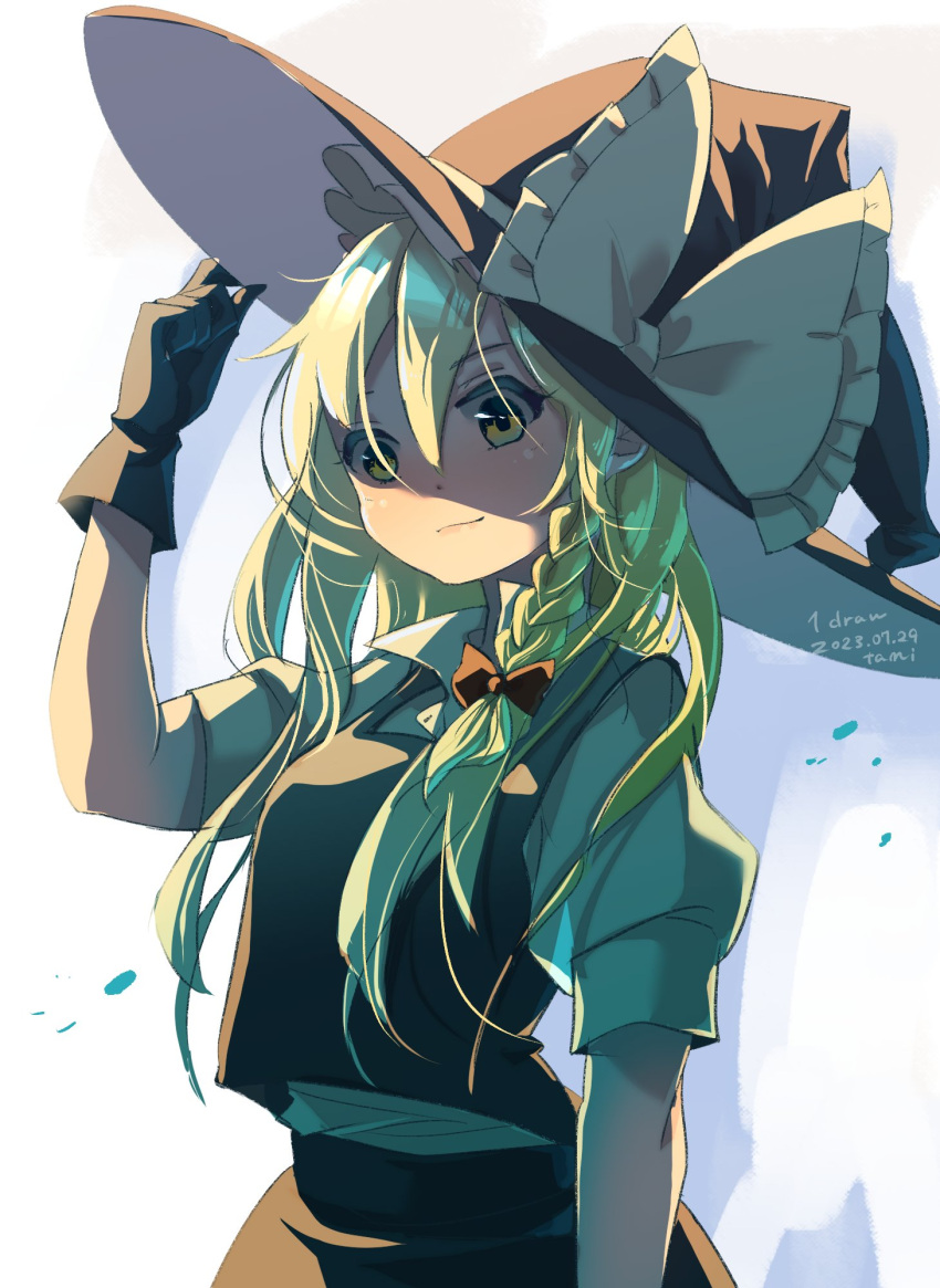 Safebooru - 1girl black gloves black headwear black skirt black vest blonde hair bow braid ...