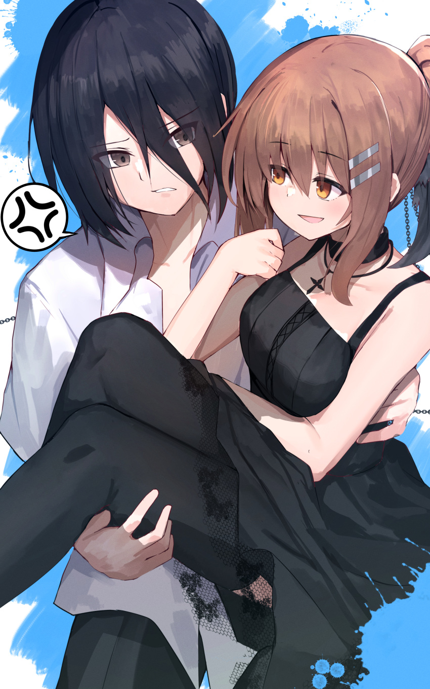 Safebooru - 1boy 1girl 2023 :d absurdres anger vein angry bare arms black choker black dress ...