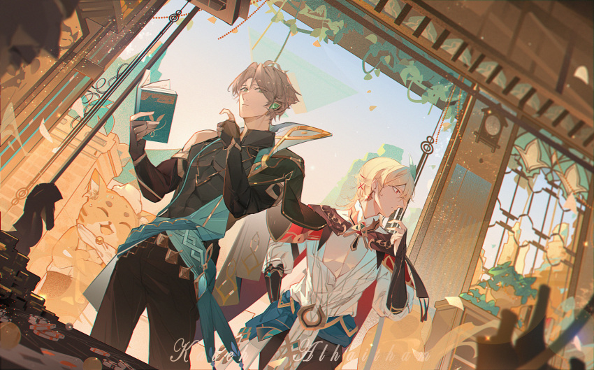 Safebooru - 2boys absurdres ahoge alhaitham (genshin impact) black pants black shirt blonde hair ...