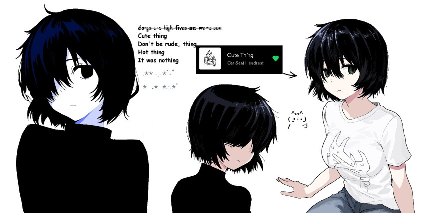 Safebooru - 1girl arrow (symbol) ascii art black hair black shirt ...
