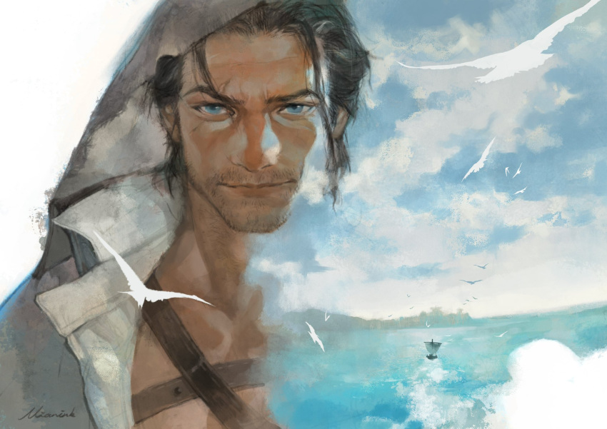 Safebooru - 1boy adventurer (ff14) beach bird black hair blue eyes blue ...