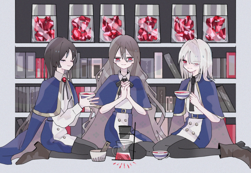 Safebooru - 3girls asymmetrical hair black necktie black pantyhose ...