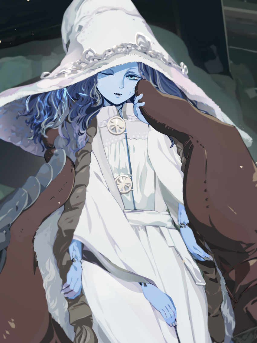 Safebooru - 1girl 1other ambiguous gender blue eyes blue hair blue skin ...