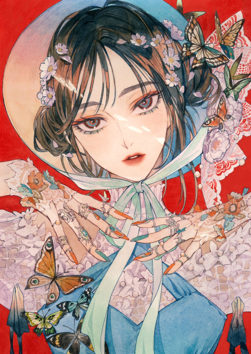 Safebooru - 1girl bare shoulders black hair blue butterfly blue flower blue nails blue ribbon ...