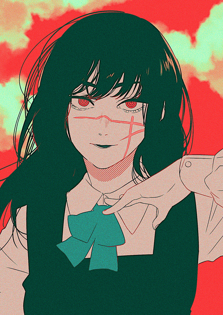 Safebooru - 1girl black hair chainsaw man cross scar dress fourth east high school uniform ...